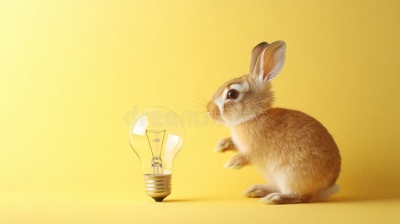 Cute Rabbit with Light Bulb on Yellow Background Stock Illustration ...