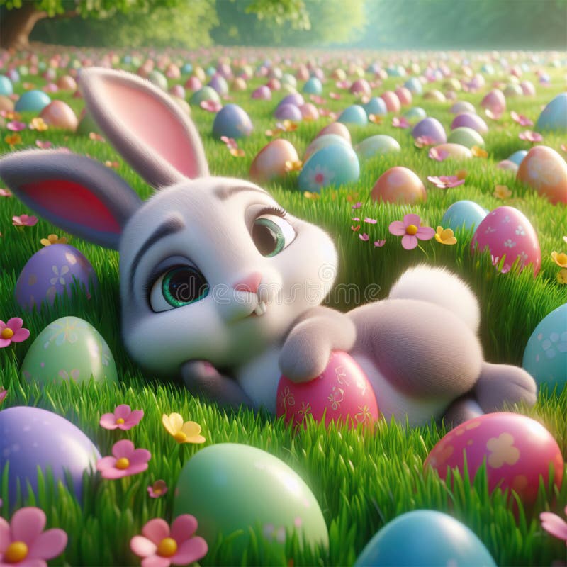A Cute Rabbit Lying in a Field of Easter Eggs. Happy Easter Concept ...