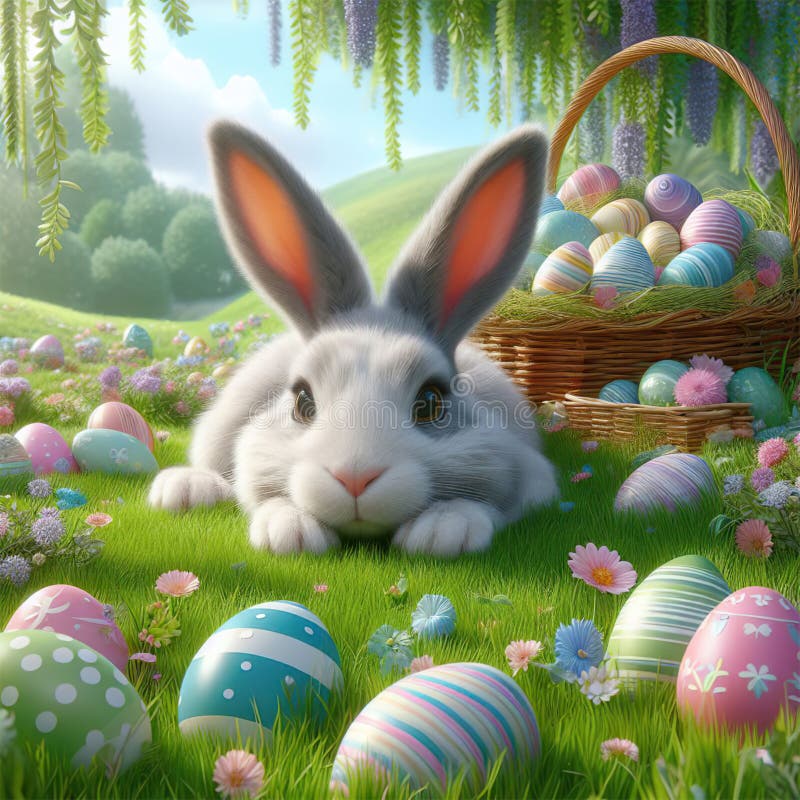 A Cute Rabbit Lying in a Field of Easter Eggs. Happy Easter Concept ...