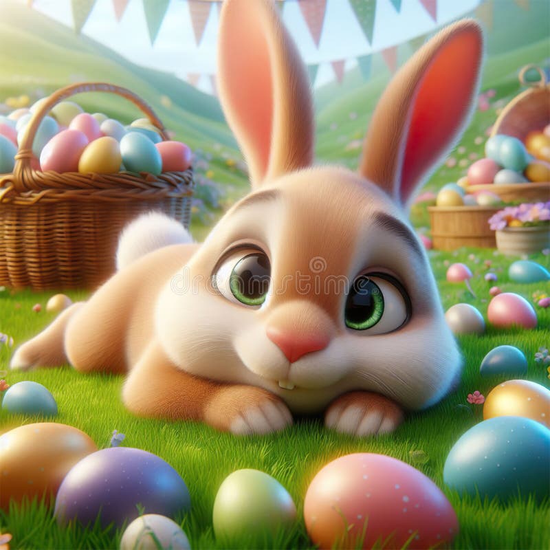 A Cute Rabbit Lying in a Field of Easter Eggs. Happy Easter Concept ...