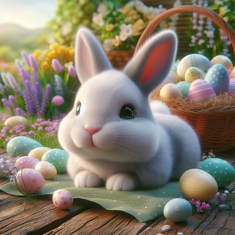 A Cute Rabbit Lying in a Field of Easter Eggs. Happy Easter Concept ...