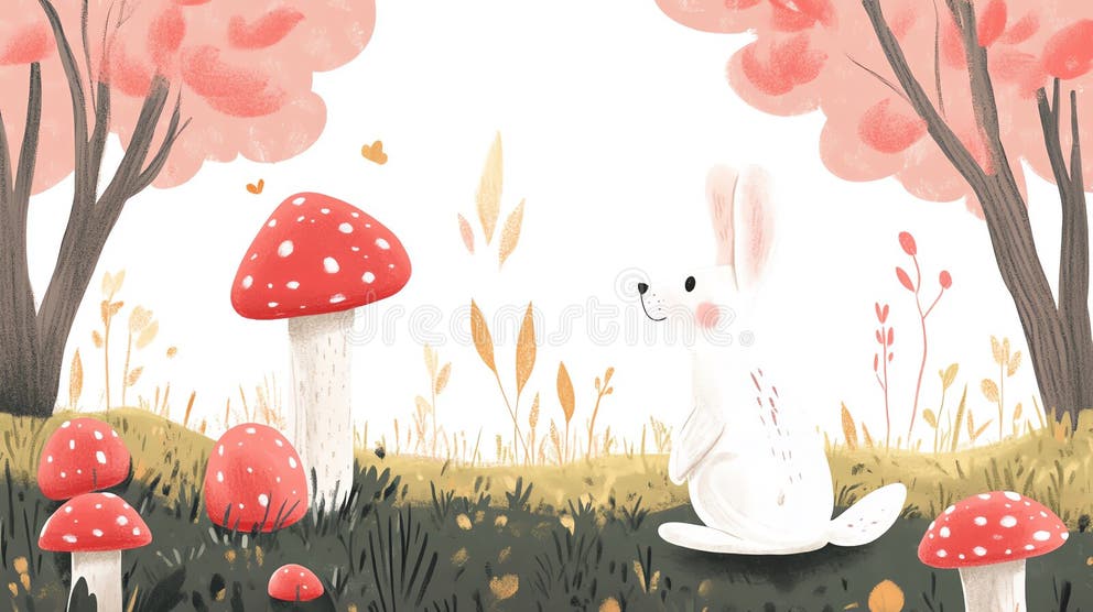 Cute Rabbit in a Magical Mushroom Forest Scene Stock Illustration ...