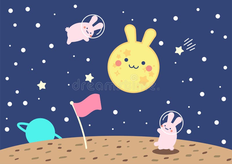 Cute Rabbit Moon Space Background Illustration Conceptual Vector Stock ...