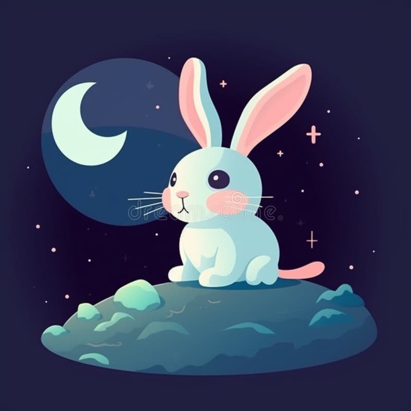 Cute Rabbit in the Moon with Starry Sky Background Cartoon Illustration ...