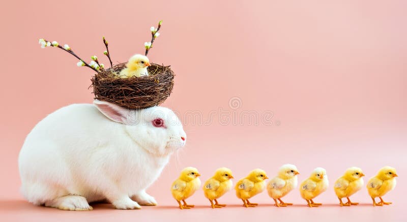 Cute Rabbit with Nest on Head and Line of Fluffy Yellow Chicks on ...