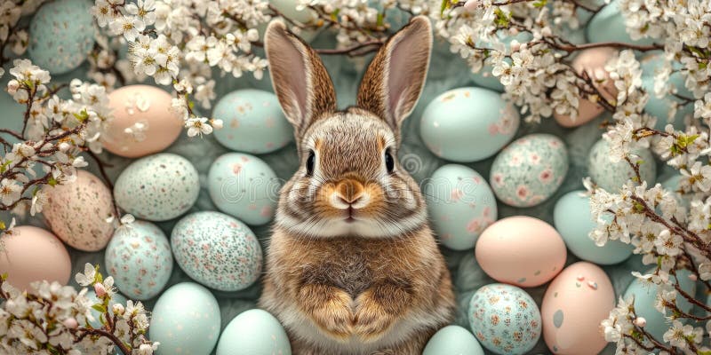 Cute Rabbit Nestled among Pastel Eggs and Blossoms during Spring ...