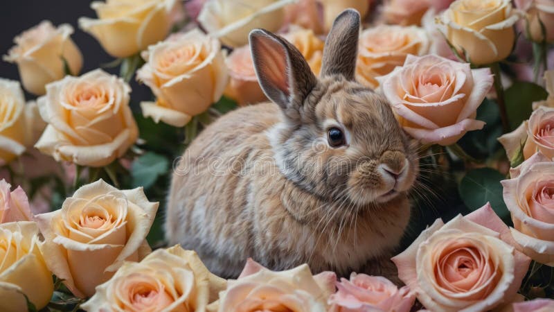A Cute Rabbit Nestled among Soft Pink Roses, Creating a Serene and ...