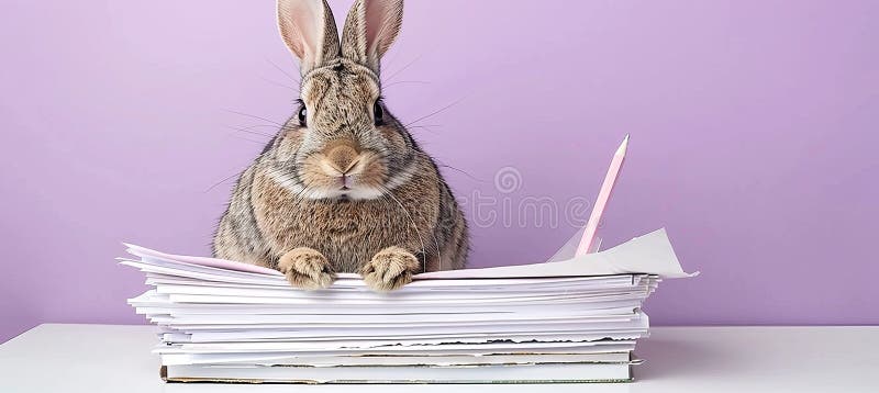 Cute Rabbit Overwhelmed by a Large Stack of Paperwork on a Minimalist ...