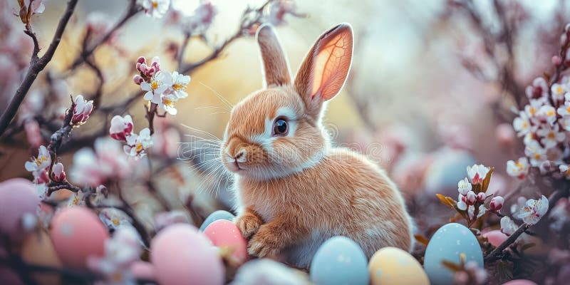Cute Rabbit among Pastel Easter Eggs and Cherry Blossoms in a Serene ...