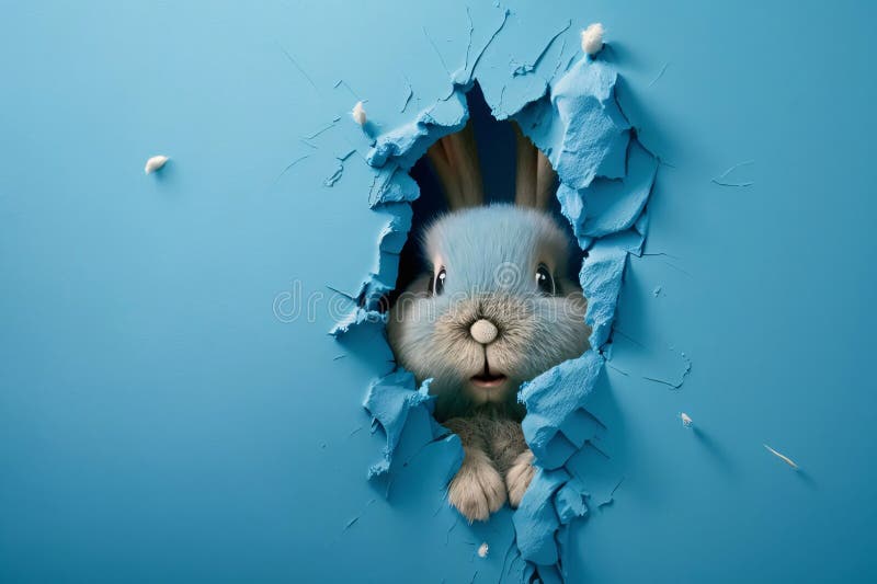 Cute Rabbit Peeking through Hole in Blue Paper. Easter Concept Stock ...