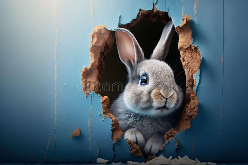 Cute Rabbit Peeking Out of Hole in Blue Wall. Easter Concept Stock ...