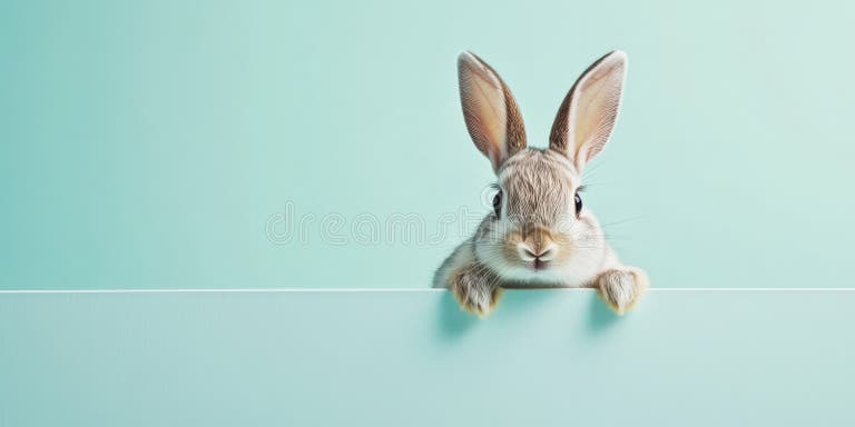 Cute Rabbit Peeking Over Edge with a Light Blue Background Concept ...
