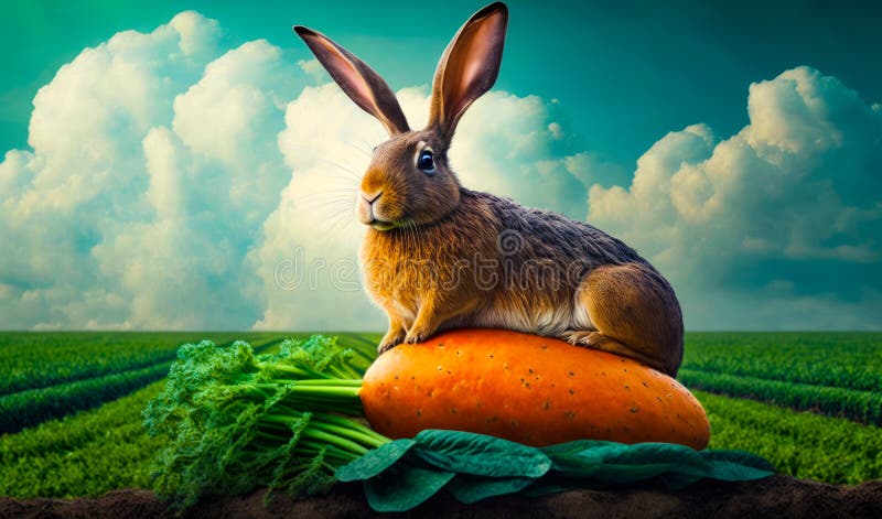 Cute Rabbit Perched on a Carrot in a Picturesque Field. a Rabbit ...