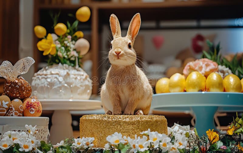 A Cute Rabbit Perched on a Colorful Cake in a Festive Room Setting for ...