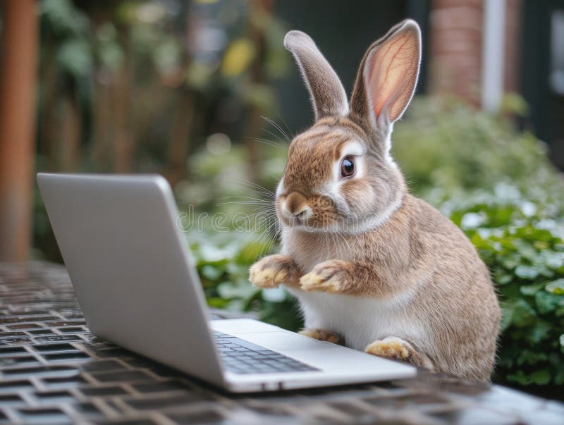 Rabbit on Laptop stock image. Image of innovation, study - 375952867