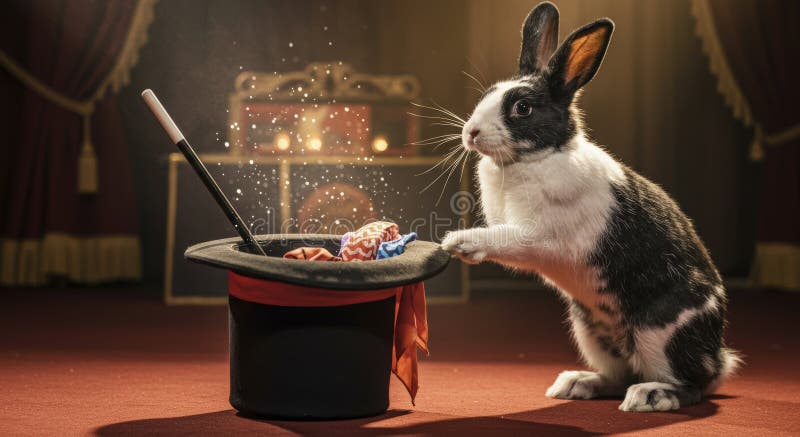Rabbit Performing Magic Trick with Hat and Wand Stage Illusion Stock ...