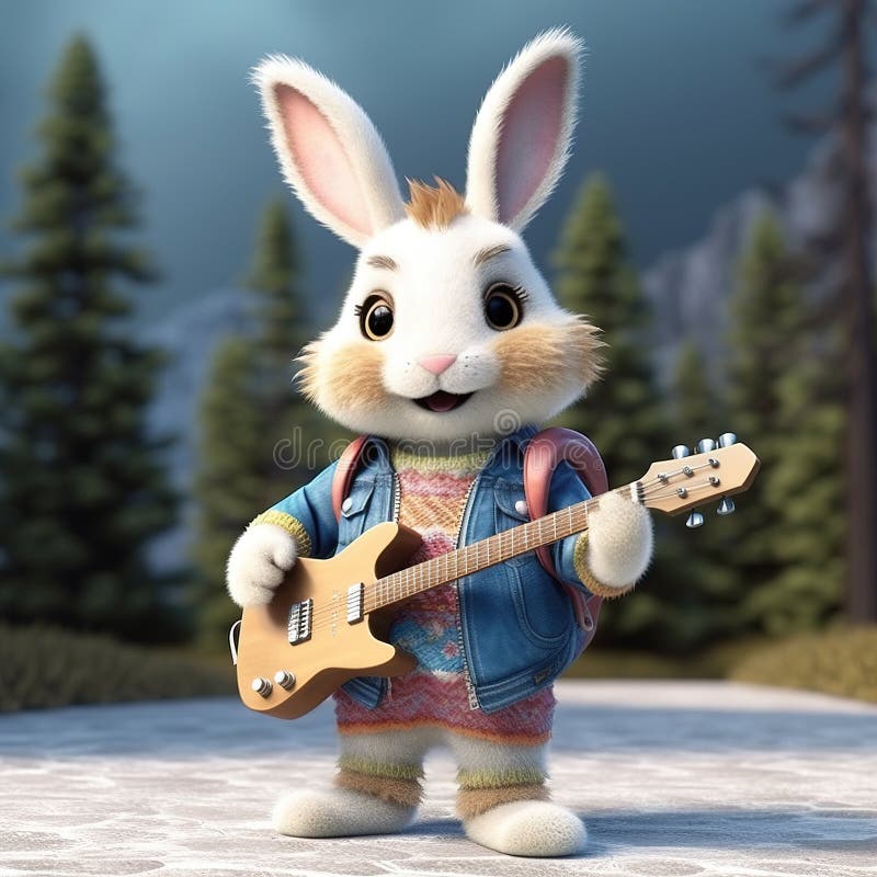 Cute Rabbit Playing Guitar Mascot Character Generative AI Stock ...