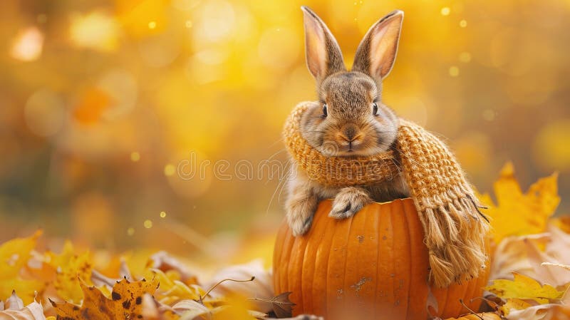Cute Rabbit in Pumpkin for Fall Stock Illustration - Illustration of ...