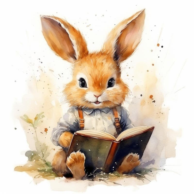 Cute Rabbit Reading a Book, AI-generated. Stock Illustration ...