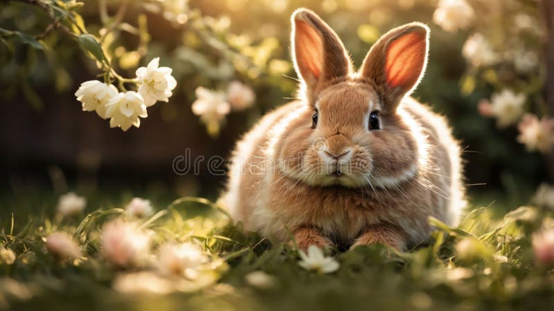 Adorable Fluffy Bunny Rabbit in Spring Garden Stock Illustration ...