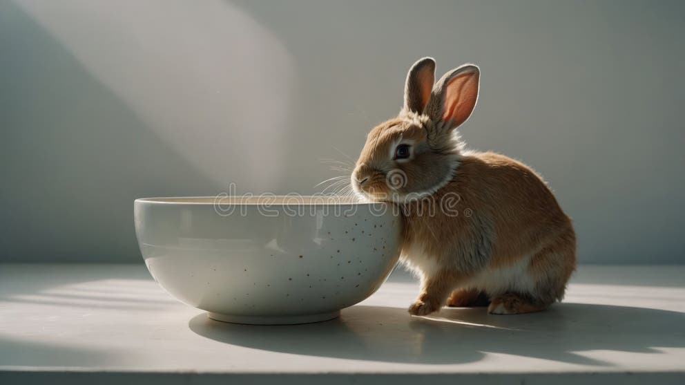 Adorable Brown Bunny Rabbit Leaning on a White Bowl in Sunlight Stock ...
