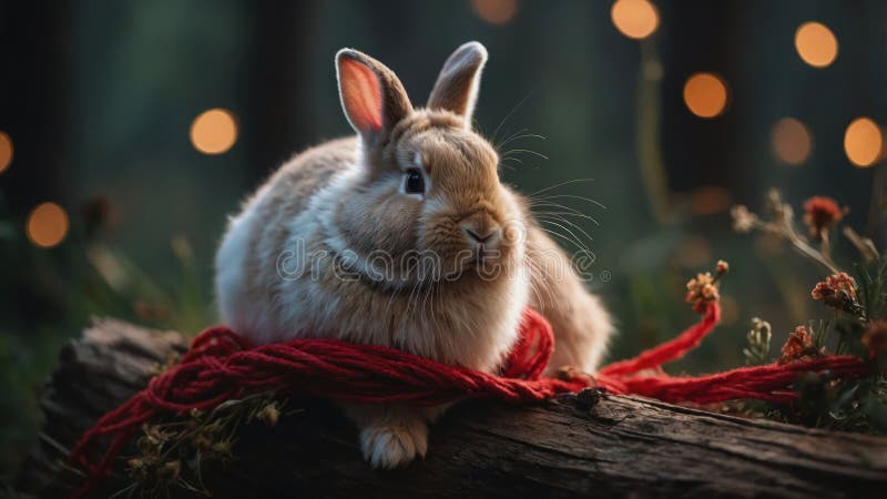 Adorable Fluffy Bunny Resting on a Rustic Log with Red Yarn Stock ...