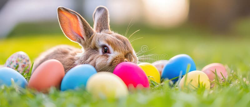 Cute Rabbit Rests among Colorful Easter Eggs Stock Photo - Image of ...