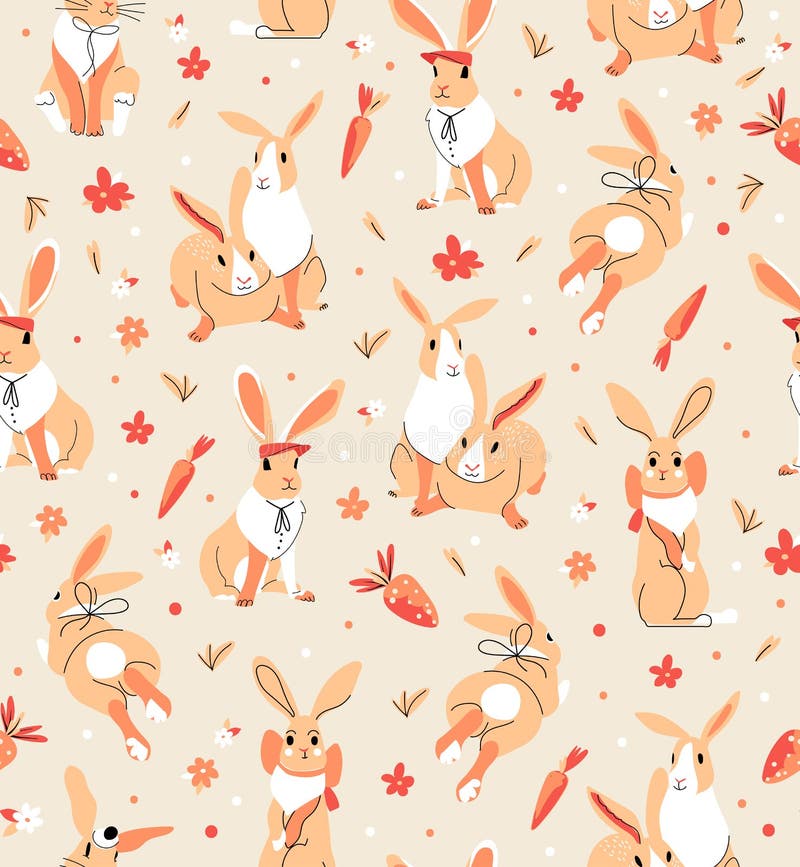 Cute Rabbit Seamless Pattern on Beige Background with Carrot and Floral ...
