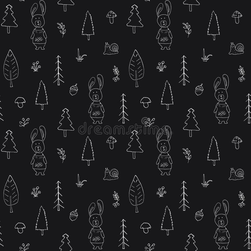 Cute Rabbit Seamless Pattern. Cartoon Animals in Forest Background ...