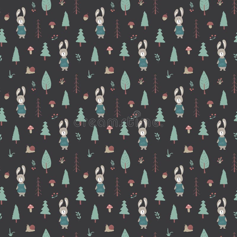 Cute Rabbit Seamless Pattern. Cartoon Animals in Forest Background ...