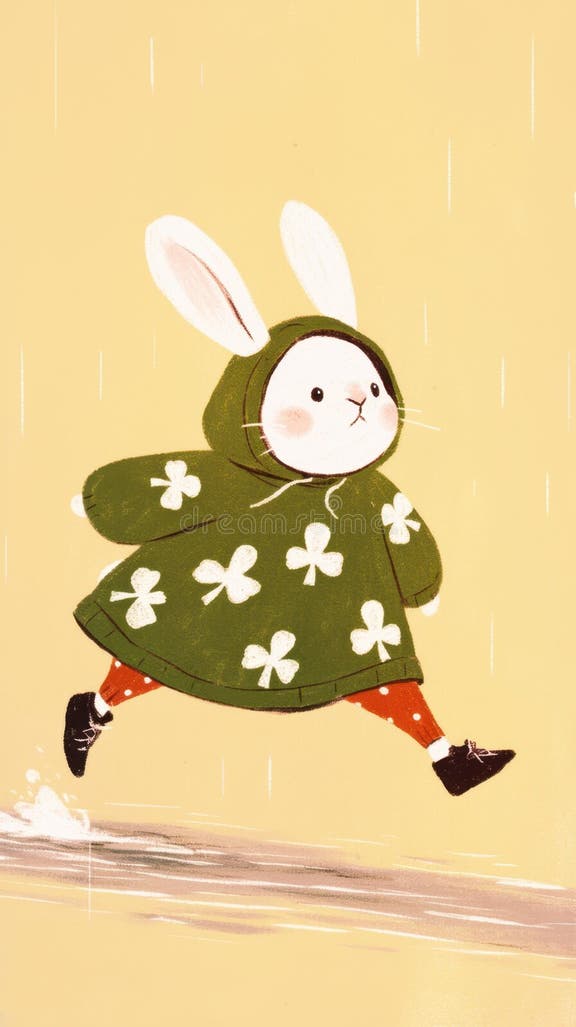 Cute Rabbit in Shamrock Patterned Jacket Happily Runs in Rain Stock ...