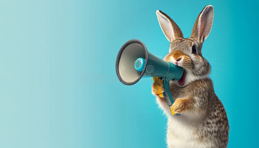 Cute Rabbit Shouting Important Announcement Using Megaphone, on Blue ...