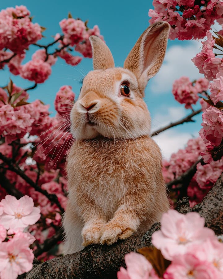A Cute Rabbit Sits among Cherry Blossoms. Stock Illustration ...