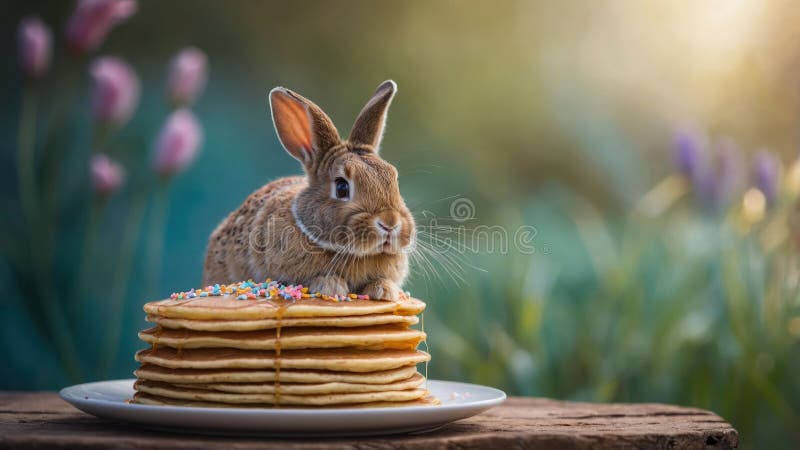 A Cute Rabbit Sitting Atop a Stack of Pancakes Decorated with Sprinkles ...