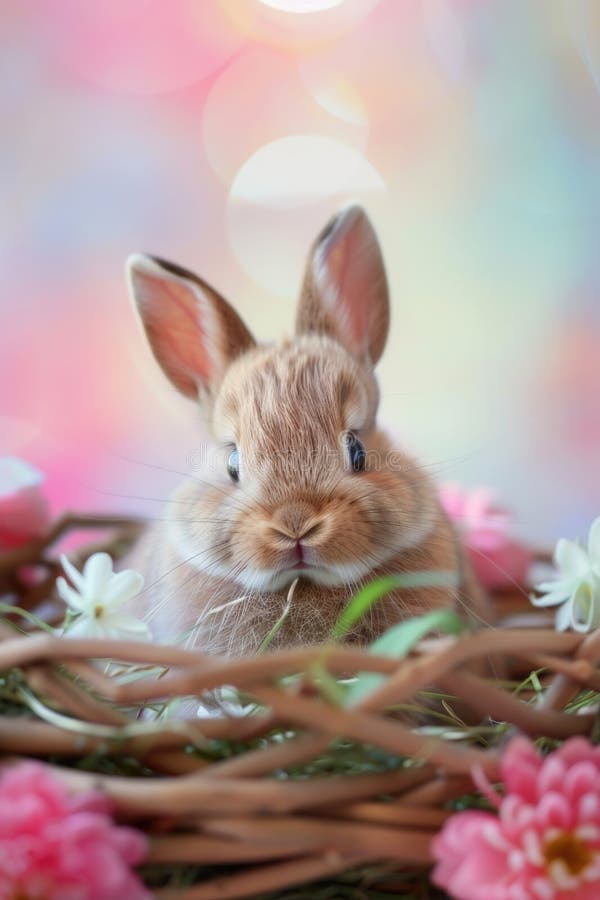Cute Rabbit Sitting in a Basket Surrounded by Flowers. Perfect for ...