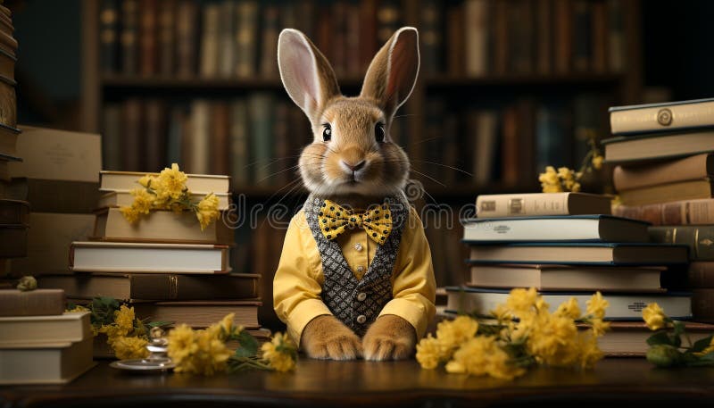 Cute Rabbit Sitting on Bookshelf, Reading, Surrounded by Nature ...