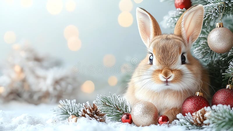 Cute Rabbit Sitting beside Christmas Decorations in a Winter Wonderland ...