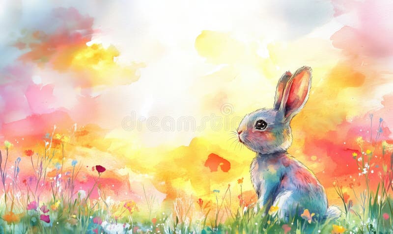 Cute Rabbit Sitting Colorful Flower Field Under Bright Sky Stock Photos ...