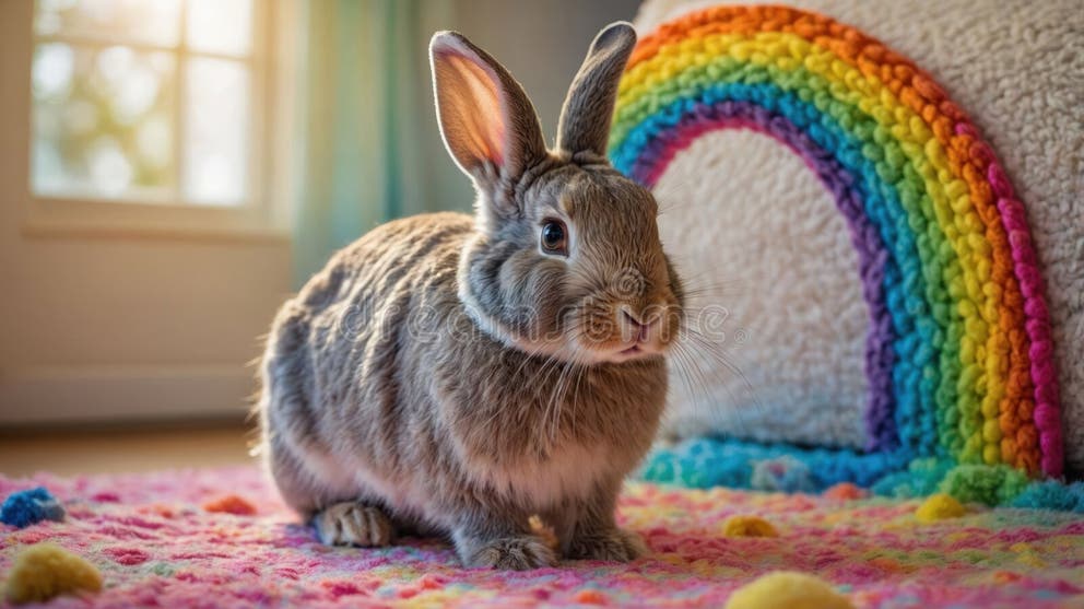 Adorable Grey Rabbit Posing Near a Rainbow Decor Stock Illustration ...