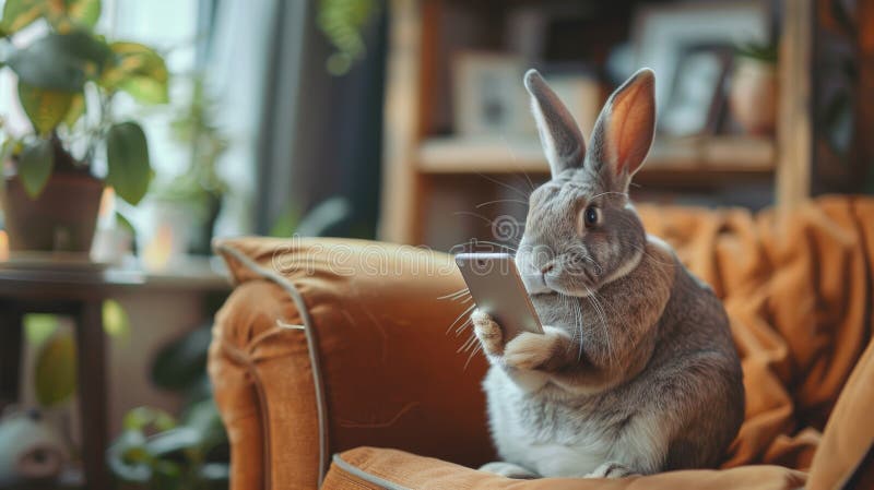 A Cute Rabbit Sitting on a Couch, Holding a Smartphone Stock ...