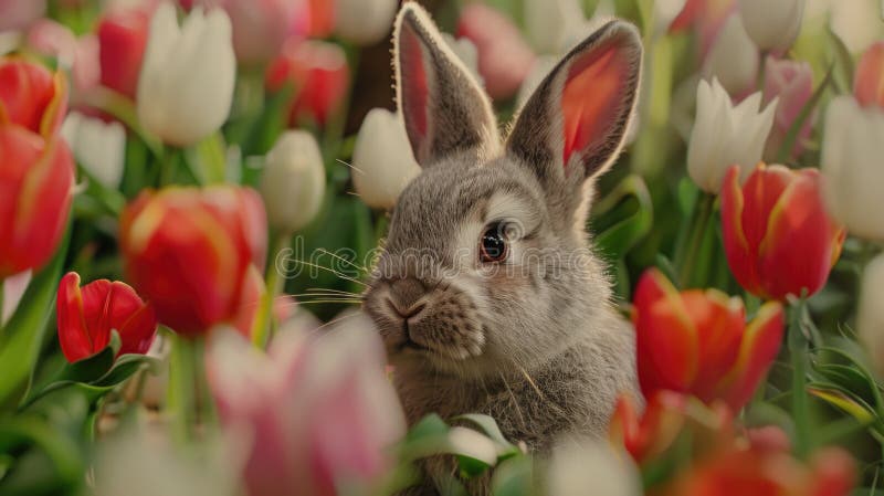 A Cute Rabbit Sitting in a Field of Red and White Tulips. Perfect for ...