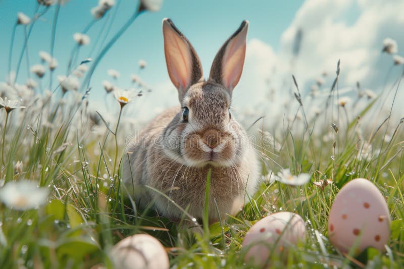 A Cute Rabbit Sitting in the Grass with Colorful Eggs. Perfect for ...