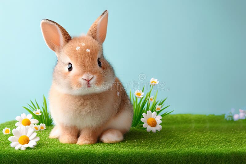 Cute Rabbit Sitting in the Grass with Flowers, Spring Holidays Concept ...