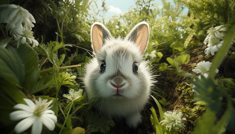 Cute Rabbit Sitting in Grass, Looking at Camera, Outdoors Generated by ...