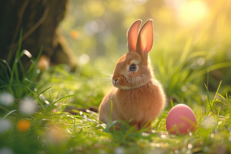 Cute Rabbit Sitting in Grass Next To Egg Stock Image - Image of easter ...