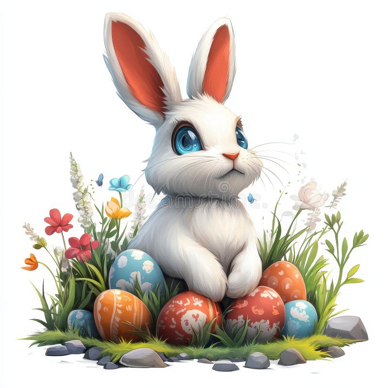 Cute Rabbit Sitting in Grass Surrounded by Colorful Easter Eggs Stock Image - Image of holiday ...