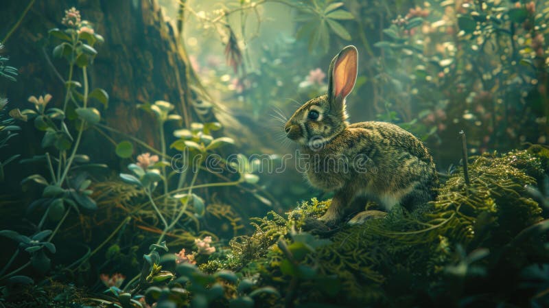 A Cute Rabbit Sitting on a Moss-covered Rock. Perfect for Nature-themed ...