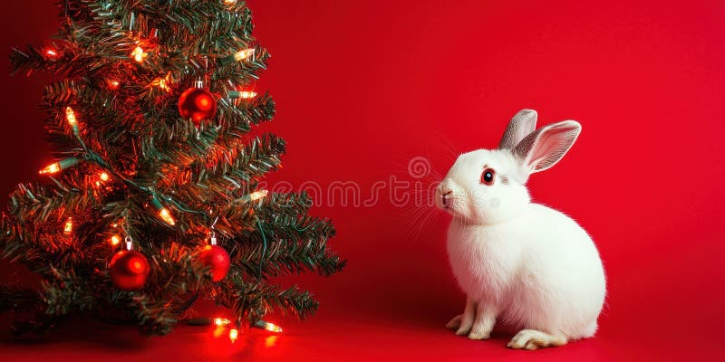 Cute Rabbit Sitting Next To Christmas Tree Stock Illustration ...