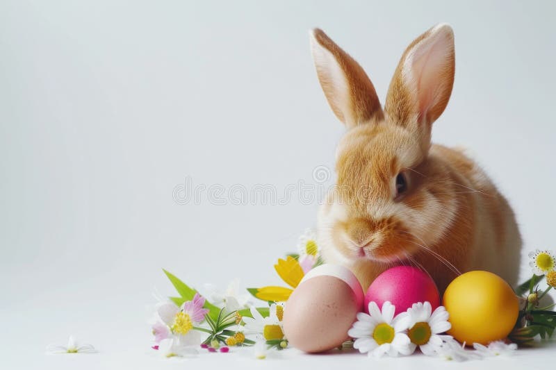 A Cute Rabbit Sitting Next To Colorful Easter Eggs. Perfect for Easter ...