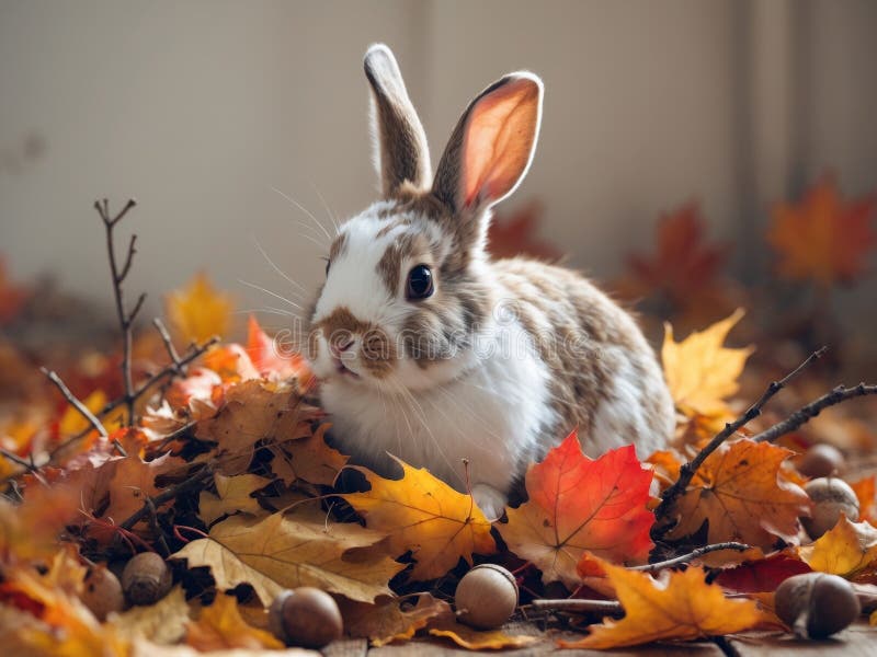 Cute Rabbit Sitting in a Pile of Autumn Leaves Stock Photo - Image of ...